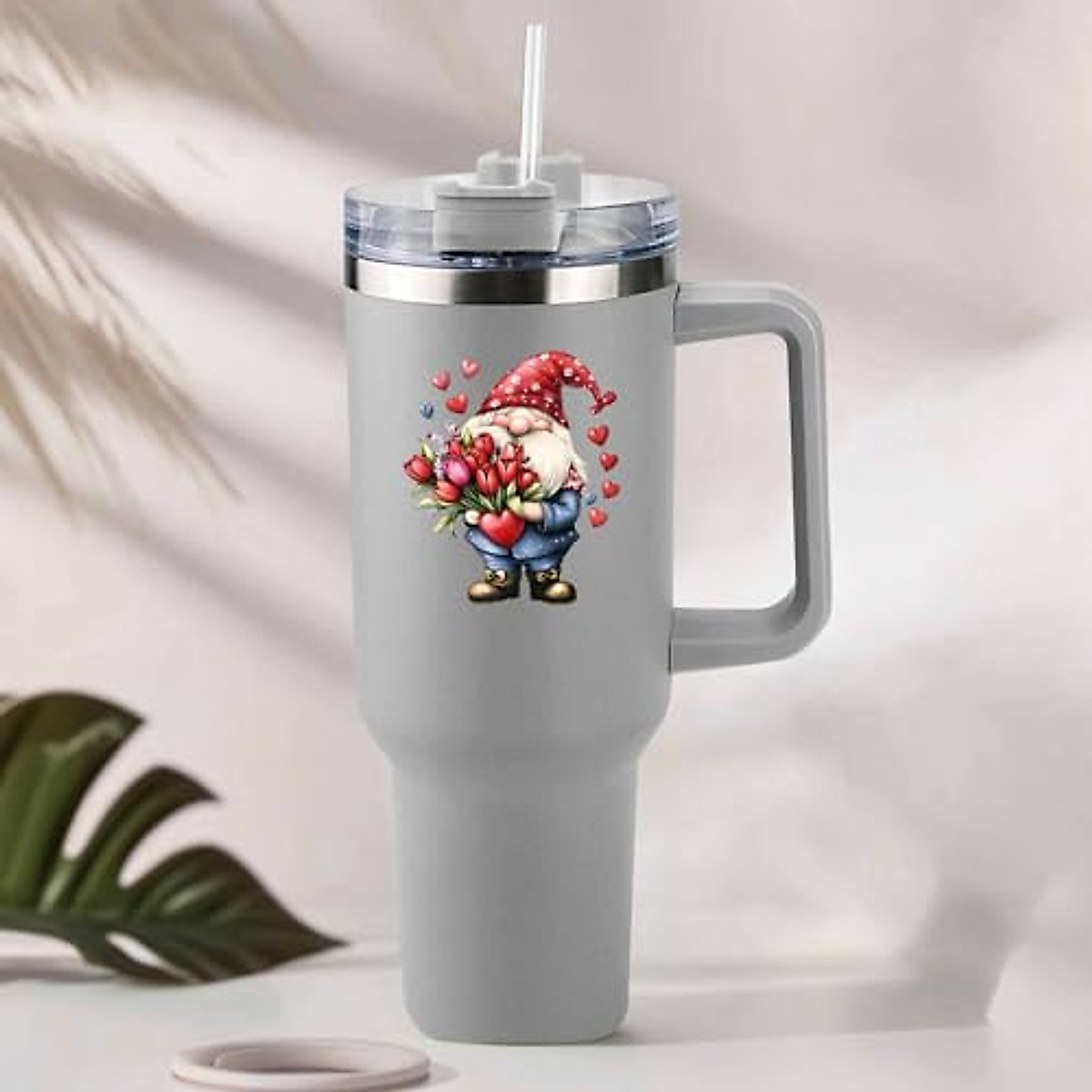 LB LEOBON 40 ounce insulated cup with handle, double-layer vacuum stainless steel material, equipped with straw, can keep warm or maintain cold drinks Gnome Love Bouquet J grey