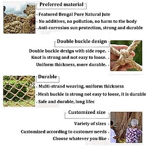 Child Climbing Safety Net Heavy Duty Hemp Rope Cargo Net Playground Railing Protective Net Outdoor Treehouse Kids Swing Rope Netting Hammock Fence Decoration (Size : 1 * 2m(3 * 7ft))