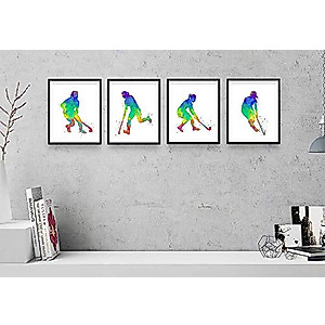 Field Hockey Player Abstract Wall Art, 8x10, Ready to Frame Set of 4 Prints, Ideal for Female Players, Coaches and Hockey Fans - Great Teen Girl Bedroom, Hockey Club Locker Room or Dorm Room Décor