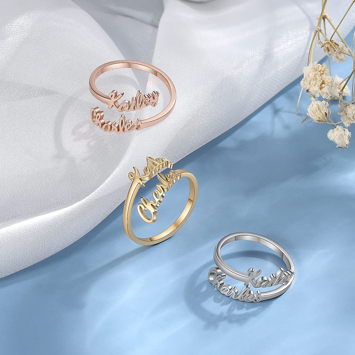 Personalized Name Ring for Women, Promise Rings for Her Custom Adjustable Names Rings Custom Jewelry for Sister Best Friend (Gold, 2 names)