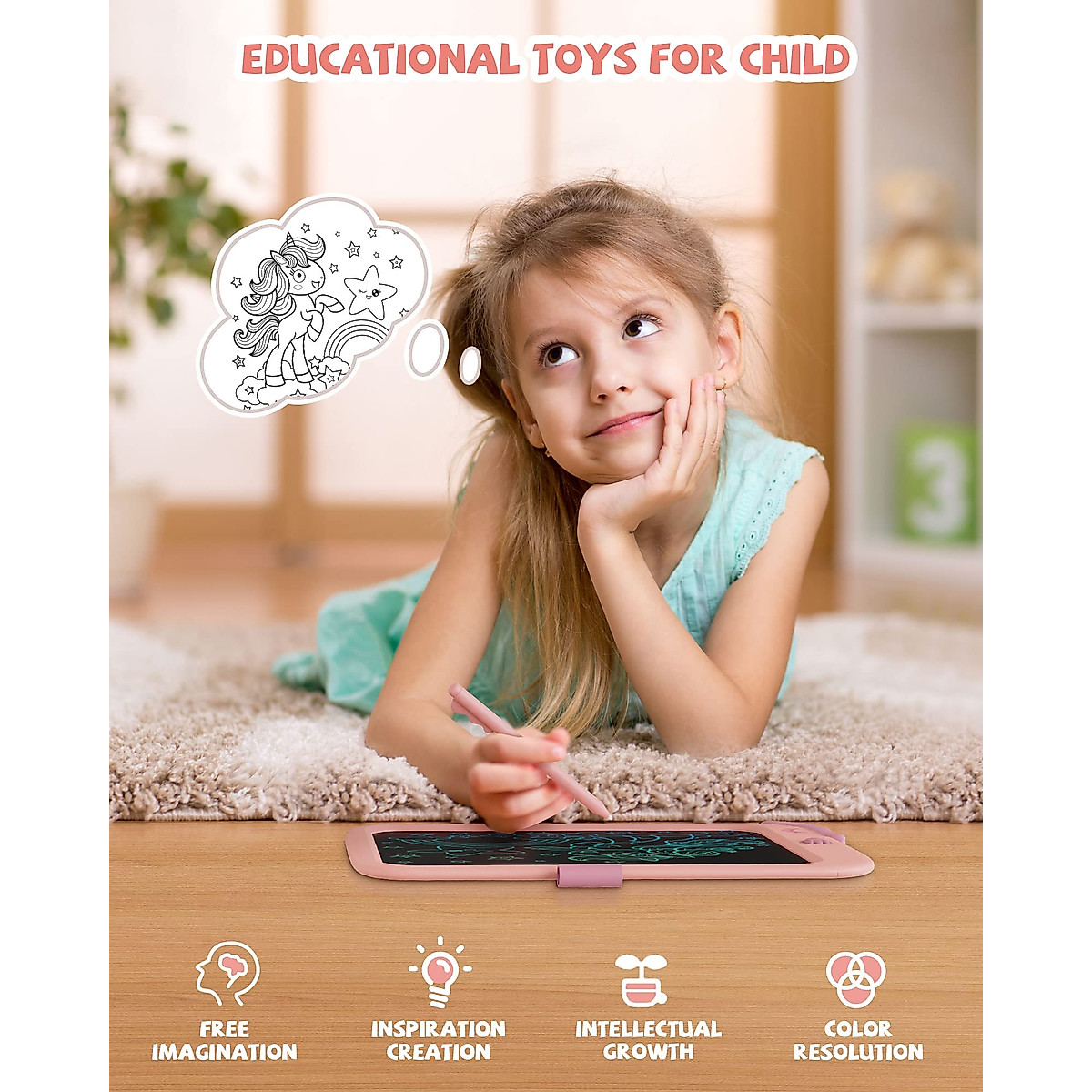 10 Inch Dinosaur Writing Tablet for Kids - Educational Travel Toy, Birthday Gift for 3-9 Year Old Boys and Girls (Pink)