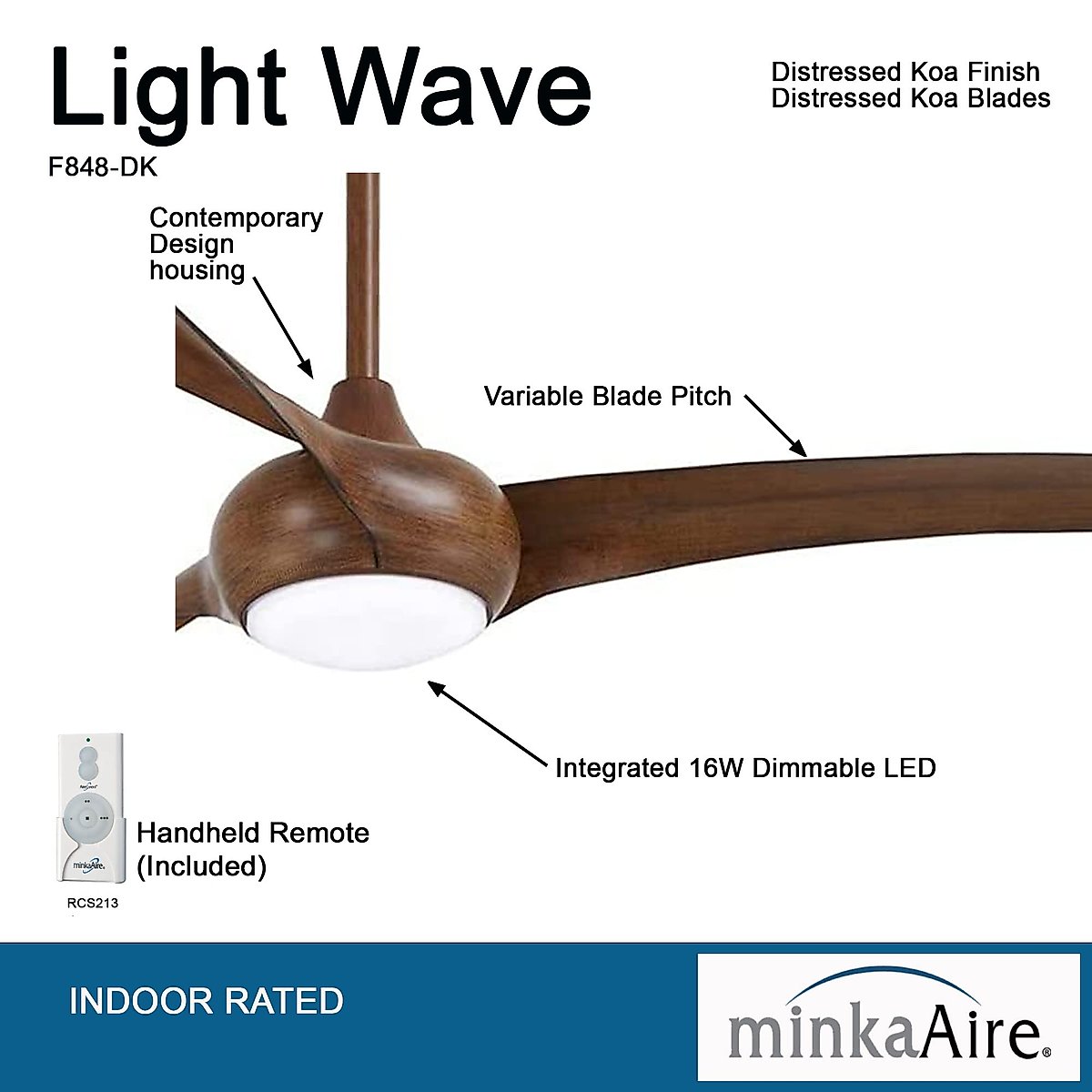 MINKA-AIRE F848-DK Light Wave 65" Ceiling Fan with LED Light and Remote Control in Distressed Koa Finish