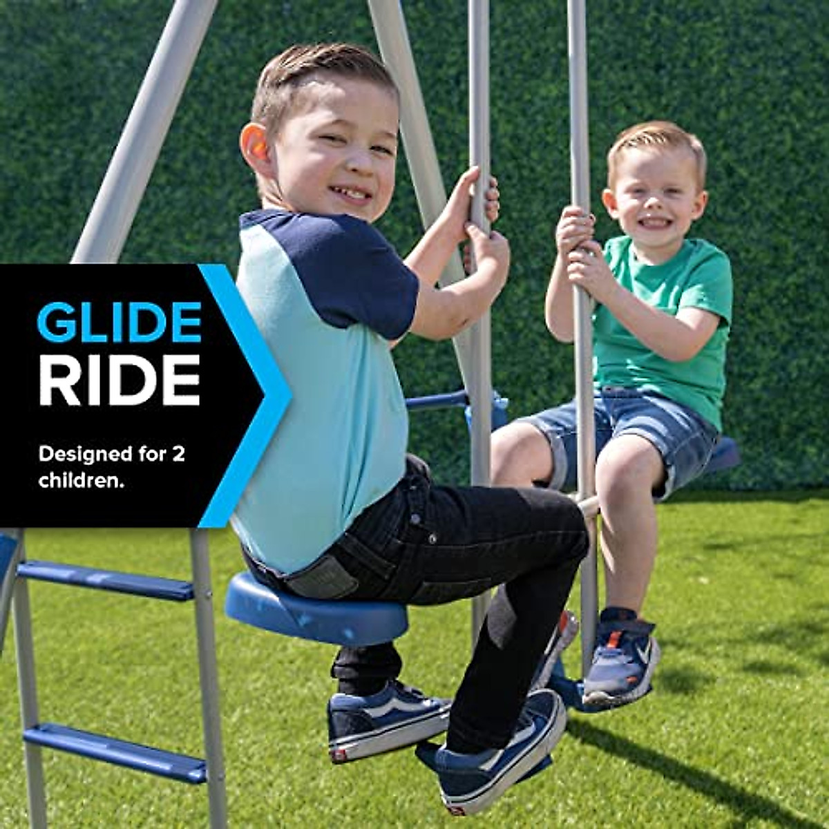 Sportspower Super Lights Metal Swing Set with LED Swing Seats, 2 Person Glider and 5ft Slide, 500lb Capacity, Light Grey and Blue