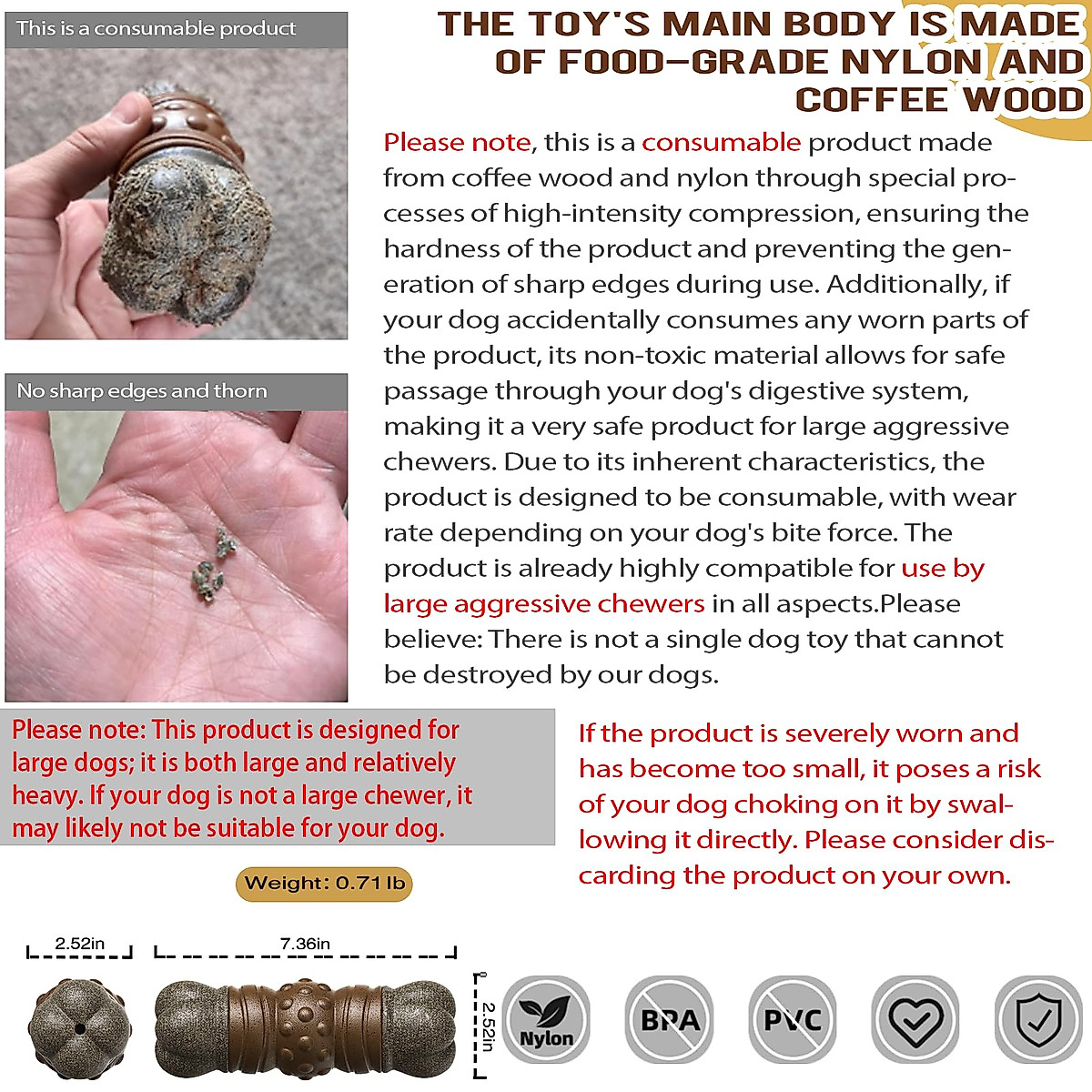 PunkyKom Dog Toys,Chew Toys for Aggressive Chewer,Large Dog Toys,Bone Chew Toys,Big Dog Toys for Cleaning Teeth,Consumable Coffee Wood,Relieving Boredom,Interacting,Strong,Large.Indoor,Outdoor.