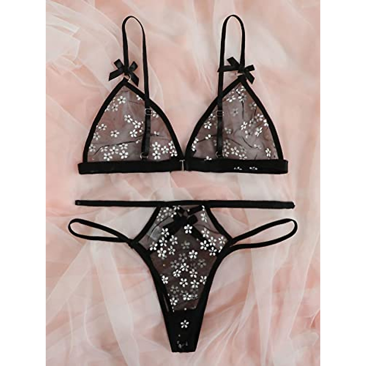 SOLY HUX Women's Sexy Sheer Mesh Lingerie Set See Through Lace Bra and Panty Set Valentines Day Lingerie 2 Piece Solid Black Medium