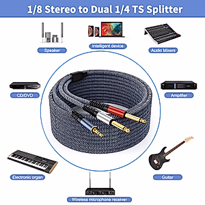 TAISUSAN 1/8 Stereo to Dual 1/4 Mono Cable 15ft, 3.5mm to Dual 1/4 Cable, 1/8 inch TRS Stereo to Dual 1/4 inch Splitter