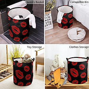 Laundry Basket Kiss Lipstick Modern Fashion Stylish,Waterproof Collapsible Clothes Hamper Sexy Woman Red Lips on Black,Large Storage Bag for Bedroom Bathroom 16.5x17In