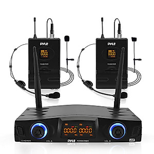Compact UHF Wireless Microphone System - Pro Portable Dual Channel Desktop Digital Mic Receiver Set w/ 2 Belt-Pack Transmitter, Receiver, 2 Headset, Lavalier Mics, XLR, for Home, PA - Pyle PDWM2958B