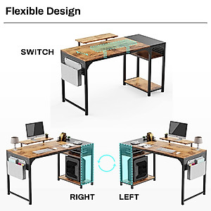 DESIGNA 55 Inch Home Office Computer Desk with Monitor Stand Storage Shelves, Study Writing Moder PC Computer Gaming Desk Large Workstation with 2 Hooks & Storage Bag,Easy Assembly，Rustic Brown/Black