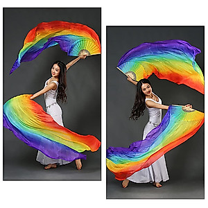 Nimiman Women 1 Pair (Left+Right) Silk Belly Dance Fan Veil Belly Dancing Long Hand Fan Length 150 cm Width 90 cm (Rainbow)