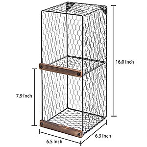 MyGift 2-Tier Black Chicken Wire Metal Hanging Wall Shelves for Storage with Wood Ledges, Farmhouse Freestanding Basket Bins, Set of 2