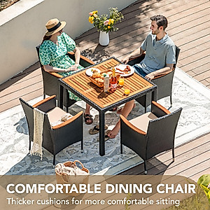 Devoko 5 PCS Furniture, Patio Conversation Set with Acacia Wood Top, Rattan Outdoor Dining Table and Chairs for Backyard, Garden, Deck, Black