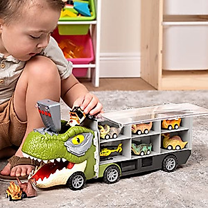 JOYIN 13 in 1 Dinosaur Truck for Kids, with 12 Pull Back Dinosaur Car Vehicles, Toy Dinosaur Transport Carrier Truck with Music and Roaring Sound, Flashing Lights, Mini Dinosaur Car Set, Helicopter
