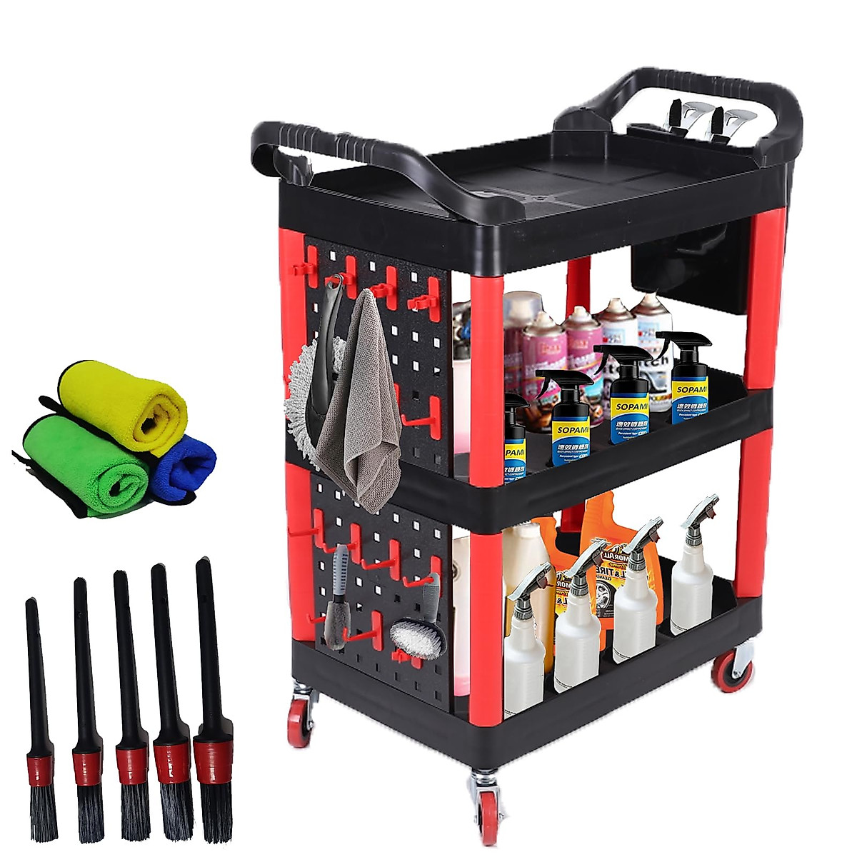 Auto Detailing Tool Cart, 3 Tier Service Rolling Utility Carts 550 lb Car Organizer Heavy Duty with Wheels Side Hanging Plate & Hooks for Car Salons Train Carriages Warehouse, Home DIY
