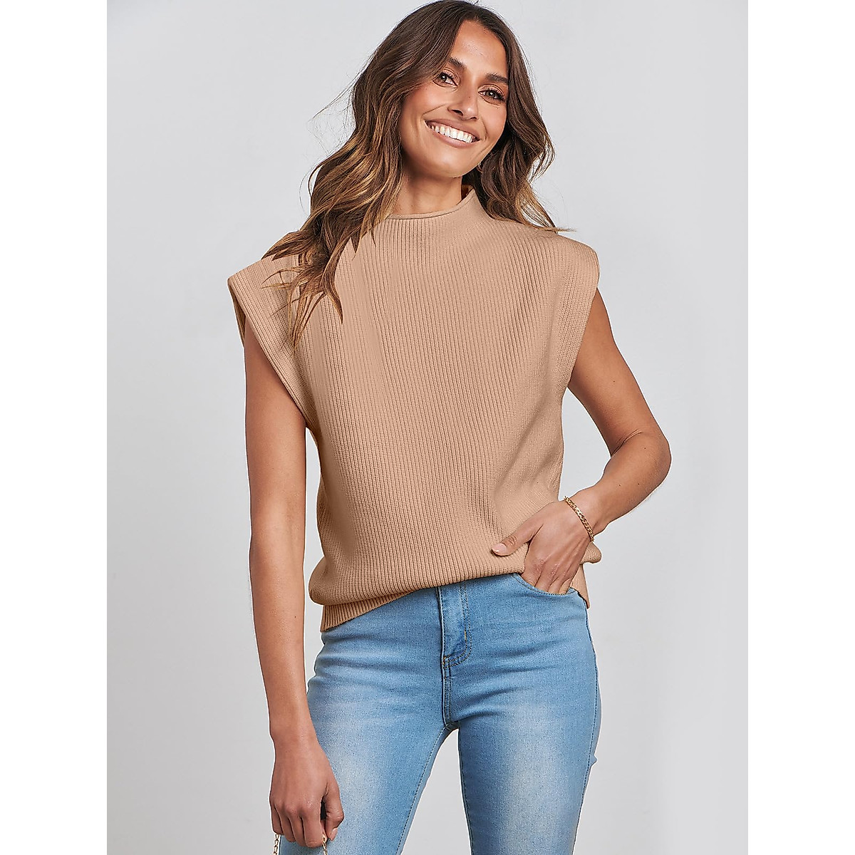 LOGENE Women's Sweater Vest Sleeveless Mock Neck Tank Top Ribbed Knit Cap Sleeve Pullover Sweaters 2023 Fall Trendy Clothes apricot Medium