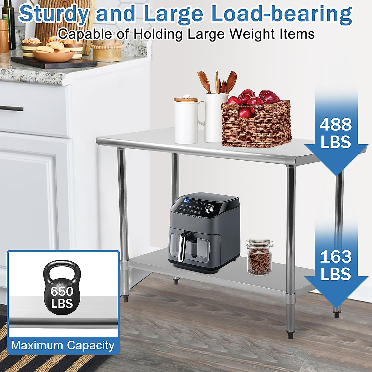 Hudada 24inch x 60inch Stainless Steel Kitchen Work Table Food Prep Table NSF Commercial Worktable Adjustable Table Foot Duty Metal Table Scratch Resistent Antirust Restaurant Kitchen, 24 x 60 inch