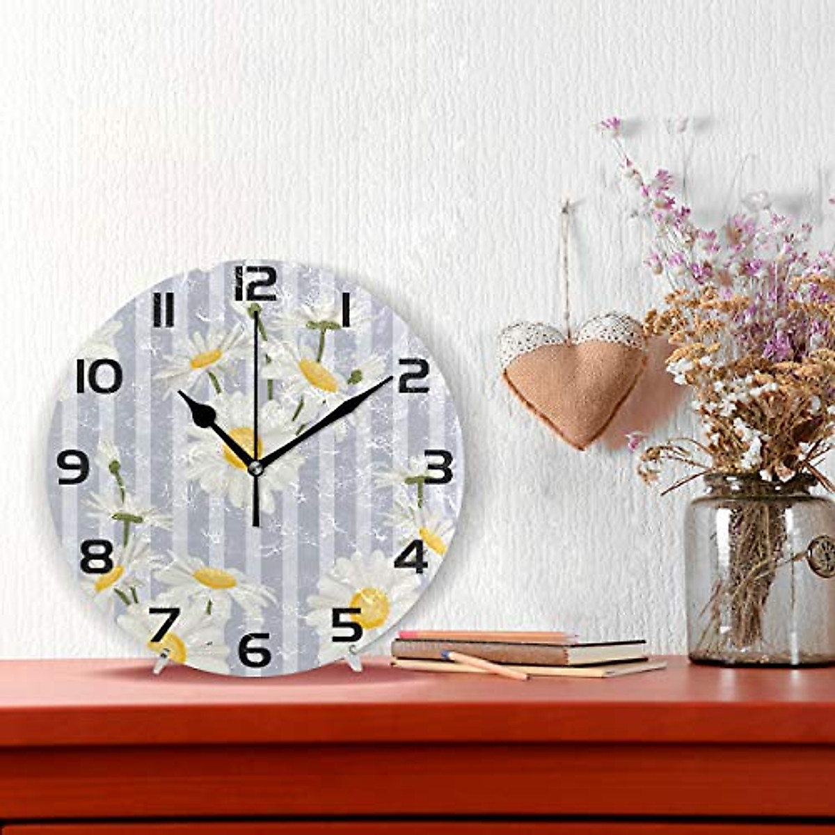 Oreayn Daisy Floral Stripe Wall Clock for Home Office Bedroom Living Room Decor Non Ticking White