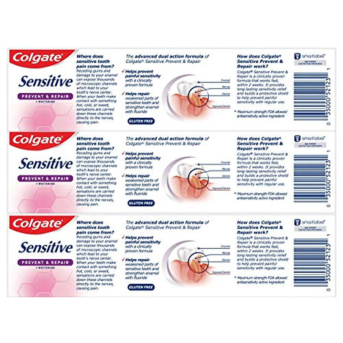 Colgate Sensitive Toothpaste with Whitening, Prevent and Repair, 6 Ounce, 3 Pack
