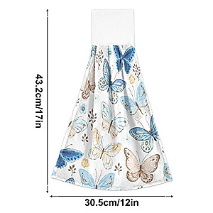 Bolaz Blue Butterfly Hanging Kitchen Towel Hand Towel 2 Pcs Absorbent Hanging Tie Towels for Bathroom Laundry Room Kitchen 12 x 17 Inches