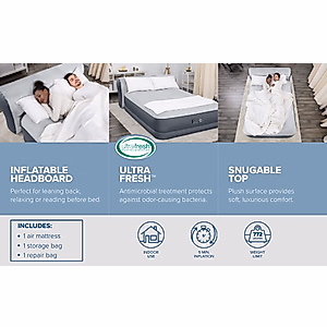 SLEEPLUX Queen Air Mattress with Headboard | Supersoft Snugable Top, Extra Durable Tough Guard | Raised Airbed with Built in Pump + USB Charger (90"x60"x29") Grey