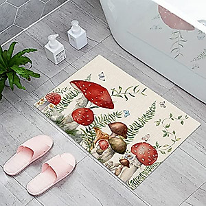 Indoor Doormat Absorbent Bath Rugs Entrance Non Slip Front Door Mat Spring Green Botanical Mushroom on Retro Kitchen Carpets Country Butterfly Floor Mats for Bathroom Bedroom Living Room 16x24In