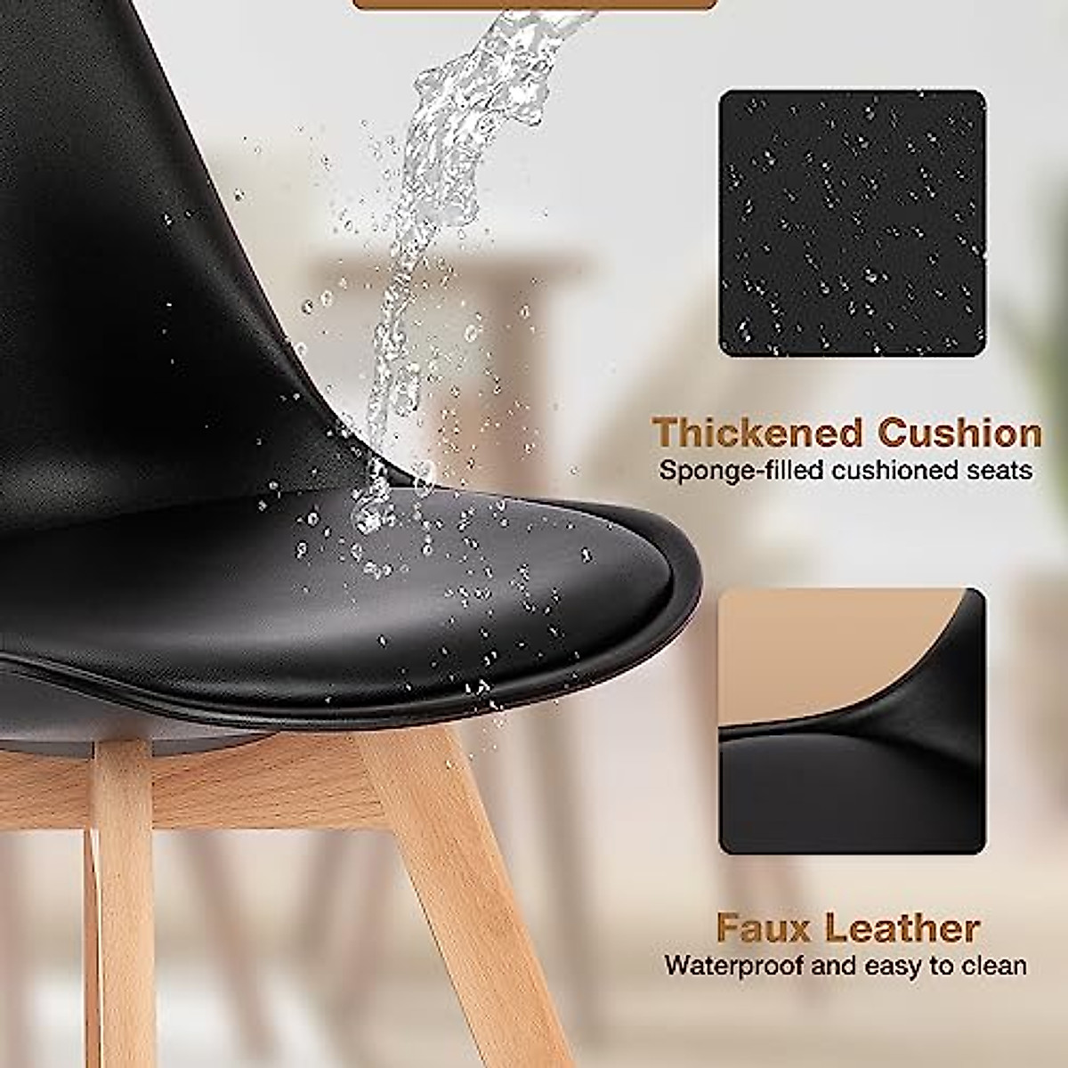 Sweetrcrispy Dining Chairs, Dining Chairs Set of 4, Dining Room Chairs, Kitchen Chairs, Mid Century Modern Chairs, PU Leather Upholstered Chairs with Wood Legs, Kitchen & Dining Room Chairs, Black