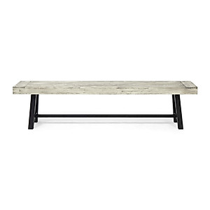 GDFStudio Outdoor Acacia Wood Bench, Sandblast Light Gray Wash and Black Metal