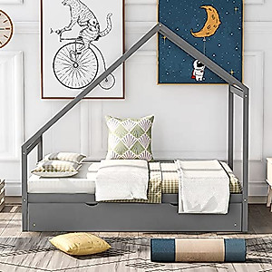 ODC Wooden House Bed Full Size Daybed with Twin Size Trundle Bed, Platform Bed with Roof, Can be Decorated, Solid Wood Bed Frame for Kids, Teen, Toddler