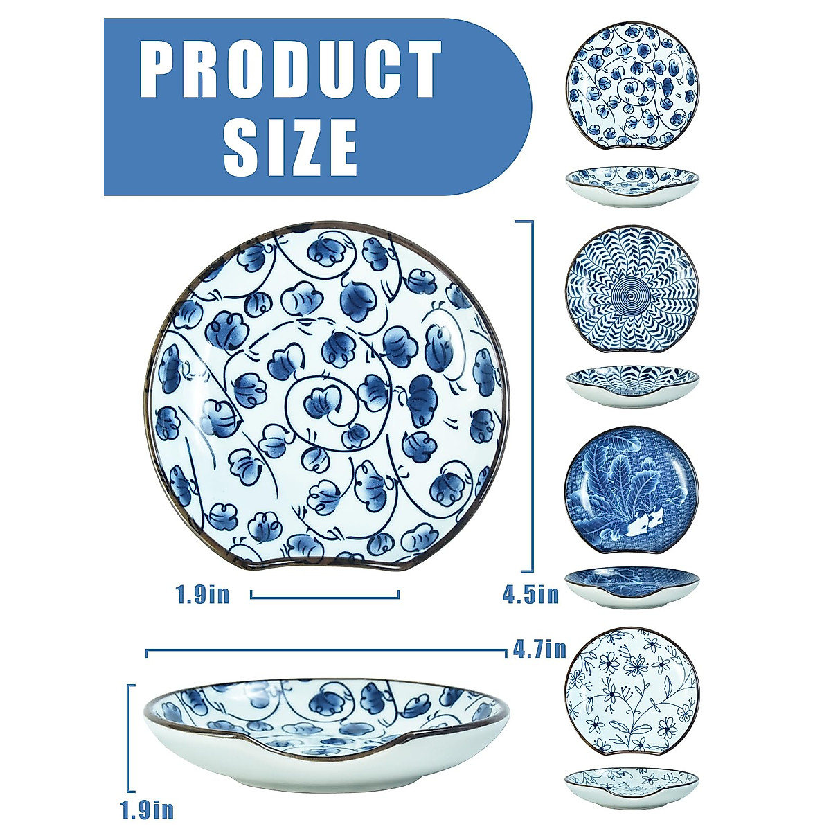 TAOCIGOU Ceramic Spoon Rest for Stove Top, 4.8" Spoon Rest for Kitchen Counter, Coffee Spoon Rest Holder, Cooking Ceramic Utensil Holder for Spatula Ladle Tongs, Set of 4 (Blue Flower)