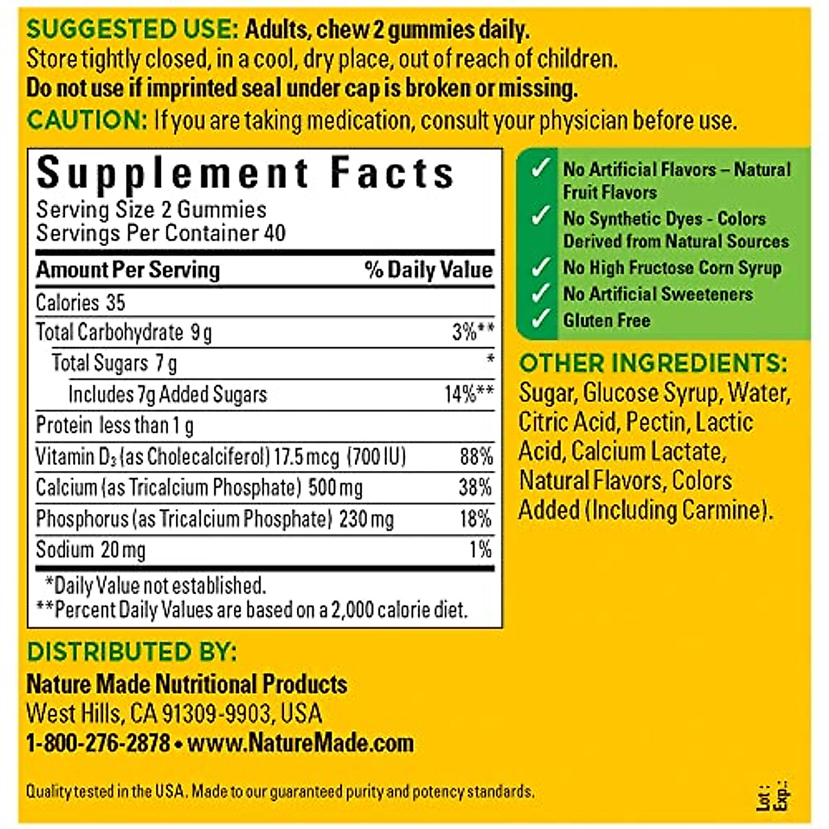 Nature Made Calcium Gummies 500 mg Per Serving with Vitamin D3, Dietary Supplement for Bone Support, 80 Gummies, 40 Day Supply