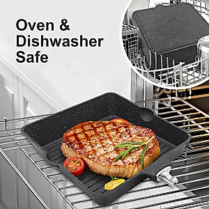 AIKENBBKK Nonstick Square Grill Pan 9.5 Inch, Cast Aluminium Steak Pan with Detachable Handle, Oven& Dishwasher Safe, Double Pour Spouts, Black