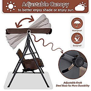 Haddockway 3-Seater Outdoor Adjustable Canopy Swing Chair,Porch Swing with Stand,Armrests,Textilene Fabric,Steel Frame,Patio Swing with Canopy for Garden,Backyard,Balcony,Poolside (Brown)