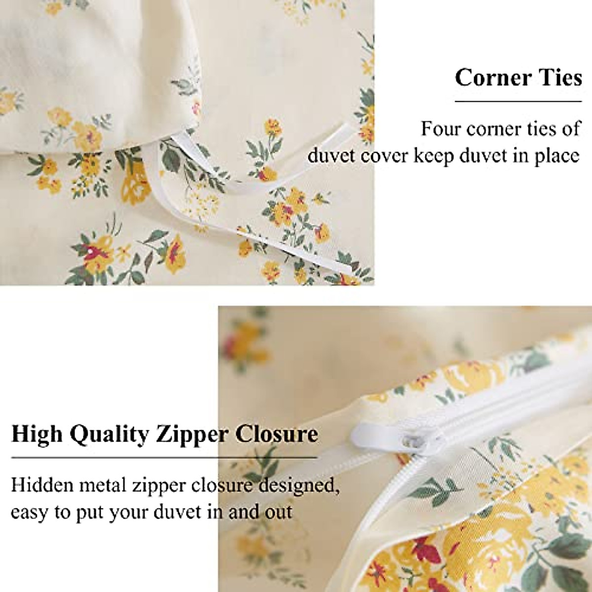 EAVD Yellow Botanical Floral Duvet Cover Queen Soft Cotton Reversible Floral Bedding Sets Full Aesthetic 1 Botanical Duvet Cover with 2 Pillowcases Chic Garden Flower Bedding Sets for Girls Women