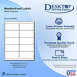 Printable Waterproof Labels - 4" x 2" Labels - 10 per Sheet - 10 Sheets / 100 Labels - Blank Weatherproof Shipping/Bottle Labels - Water Proof Polyester Laser Label for Laser Printers