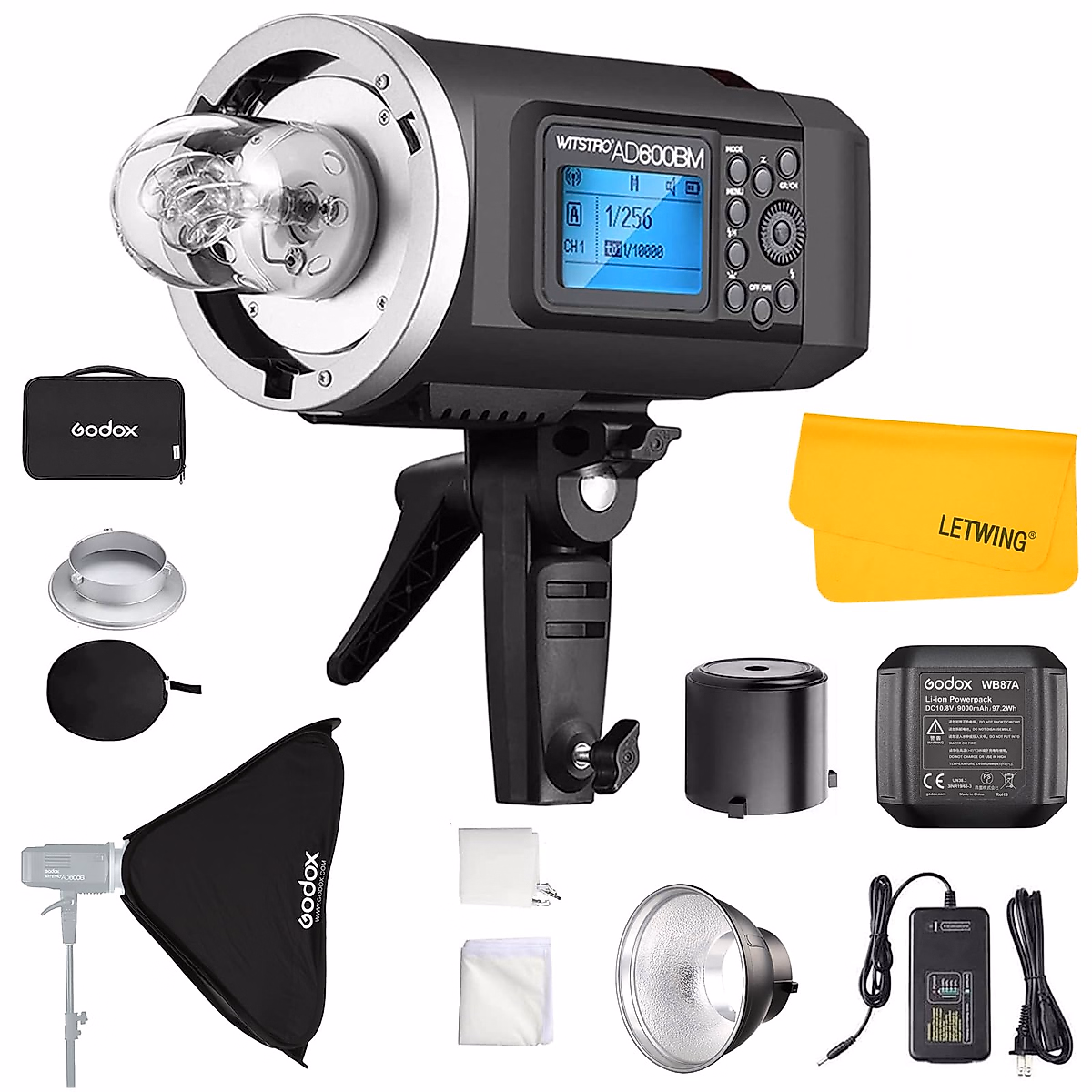 Godox AD600BM Outdoor Flash Strobe Light, 600Ws Bowens Mount Flash Monolight, 2.4G Wireless X System, GN87 1/8000 HSS Portable Lamp, with Godox AD-R6 Standard Reflector, 80cmX80cm /32"X32"Softbox