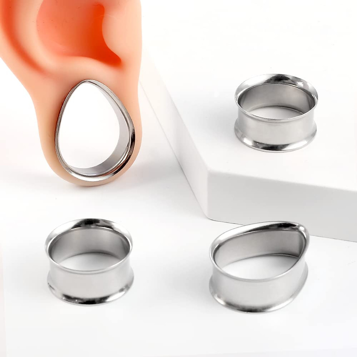 Casvort 4 PCS 30mm Hypoallergenic 316 Stainless Steel Silver Round Teardrop Double Flared Ear Gauges Plugs Ear Tunnels Saddle Plugs Body Piercing Jewelry