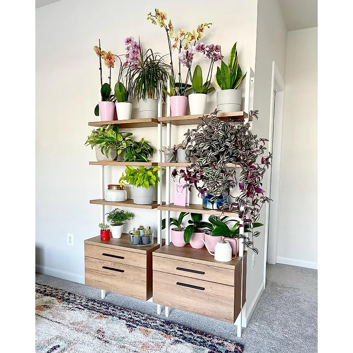 Nathan James Theo Industrial Bookshelf with Wood Drawers and Matte Steel Frame, 3-Shelf, Oak/White