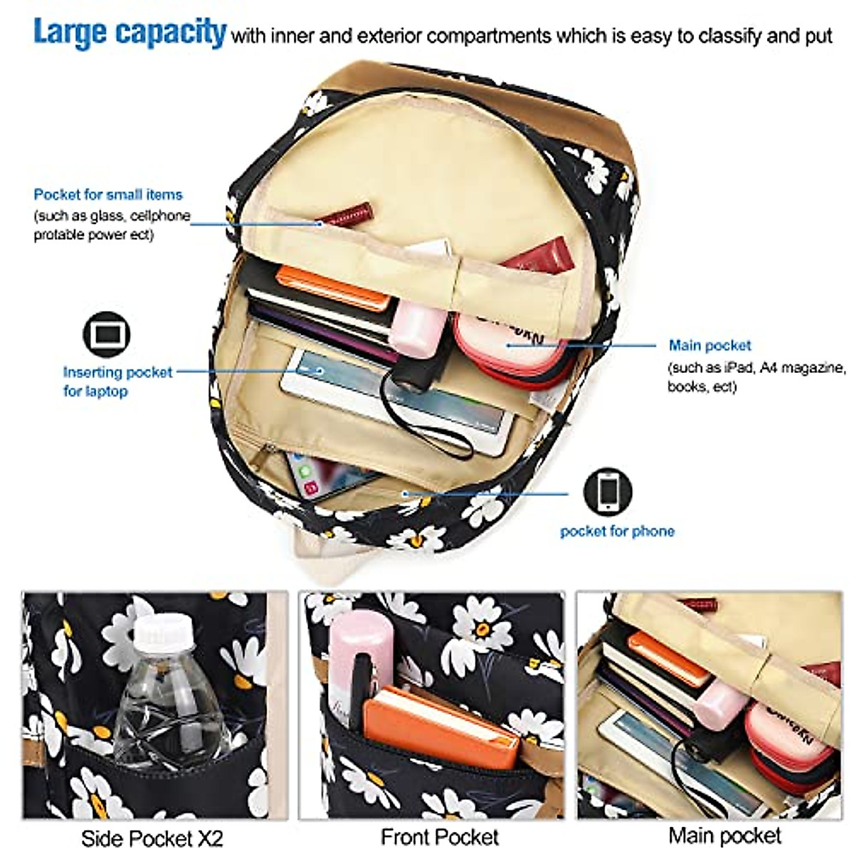 Flowers Backpack Kids School Bag 3-in-1 Bookbag Set, Junlion Laptop Backpack Lunch Bag Pencil Case Gift for Teen Girls Womens Daisy Black