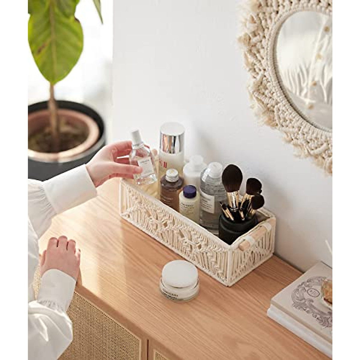 Taufey Macrame Storage Baskets Boho Decor Box Handmade Woven Decorative Countertop Toilet Tank Shelf Cabinet Organizer for Bedroom Living Room Nursery, Set of 2