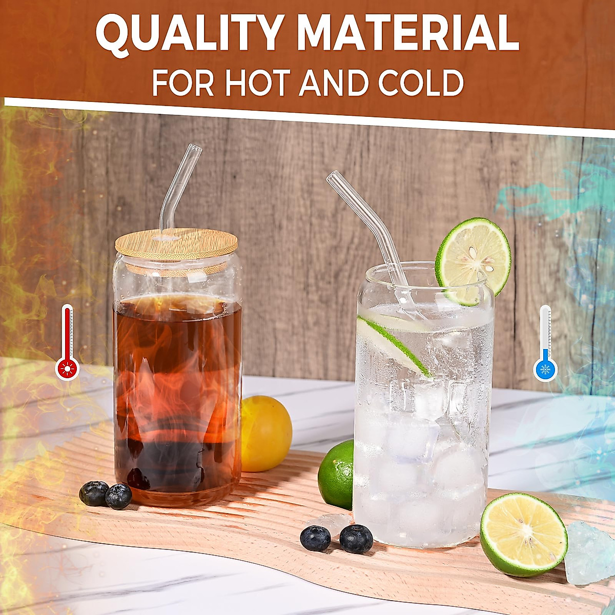 HONFAA 4 Pack Glass Cups with Lids and Straws, 16oz Beer Can Shaped Drinking Glasses, Iced Coffee Glass Tumbler,Cute Cups for Whiskey, Soda, Tea, Water