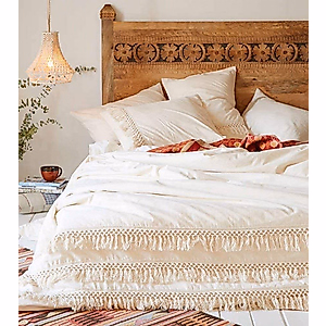 White Duvet Cover Fringed Cotton Tassel Boho Quilt Cover (96inL*104inW)