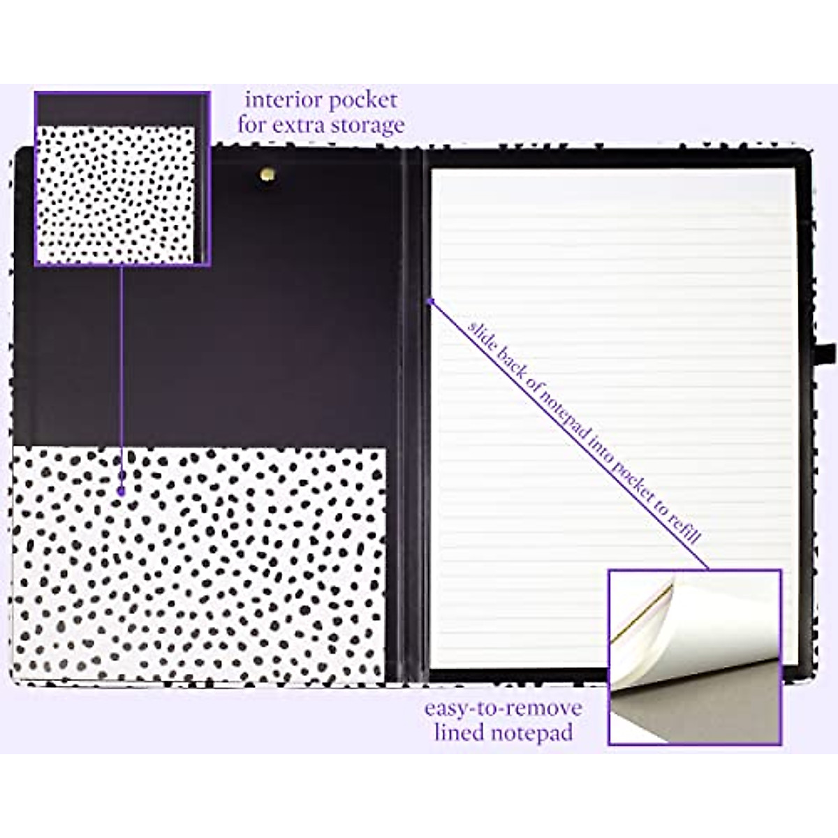 Steel Mill & Co Cute Clipboard Folio with Refillable Lined Notepad and Interior Storage Pocket, Black and White Padfolio for Work, Black Dots