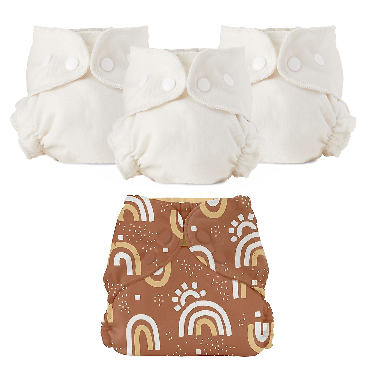 Esembly Cloth Diaper Bundle Set, 3 Organic Absorbent Inners and 1 Waterproof Recycled Diaper Cover, Reusable Washable Diapers with Snap Closure, Size 1 (7-17lbs), Sunshower