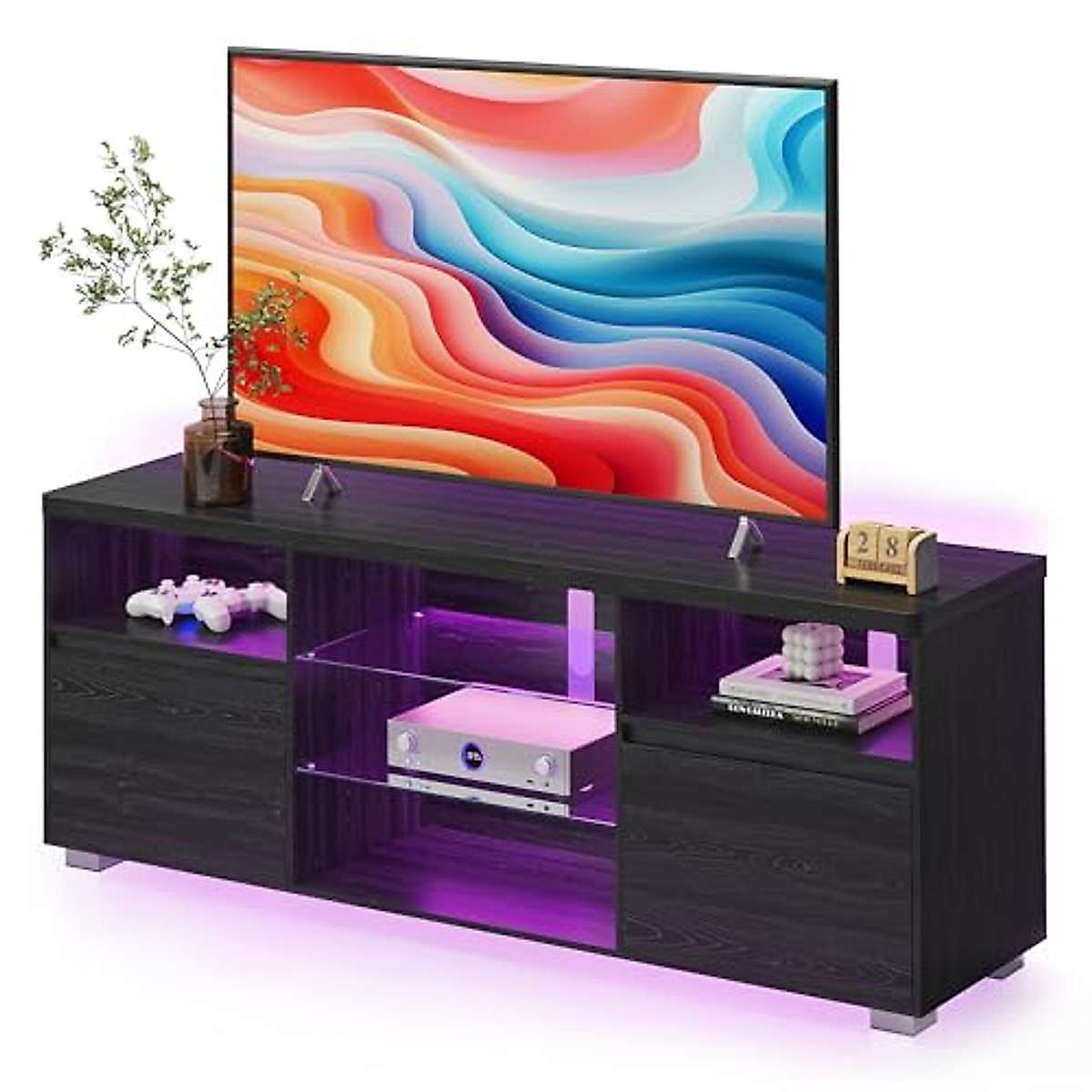 VASAGLE TV Stand with LED Lights for TVs up to 70 Inch, Entertainment Center with Open Glass Shelves, 2 Cabinets with Doors, 63-Inch Long, TV Console for Bedroom Living Room, Black ULTV330T21