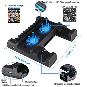 Megadream Cooling Fan Stand for PS4, Dual Controller Charge Station for PS4 Slim/PS4 Pro/Playstation 4, Multifunctional Vertical Cooling Stand with LED Indicator, 10PCS Games Storage, 4 Usb Connectors