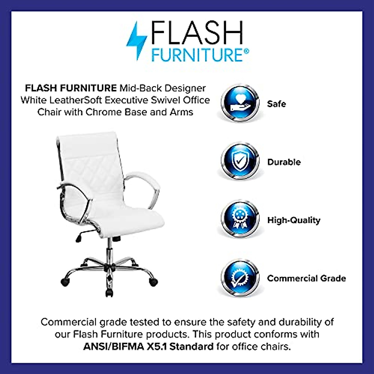 Flash Furniture Merideth Mid-Back Designer White LeatherSoft Executive Swivel Office Chair with Chrome Base and Arms