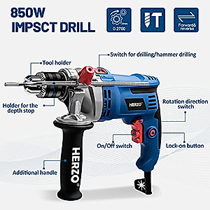Hammer Drill HERZO Corded Impact Drill 7 Amp 1/2 Inch 2700 RPM,360° Rotatable Handle for Wood,Plastic,Steel
