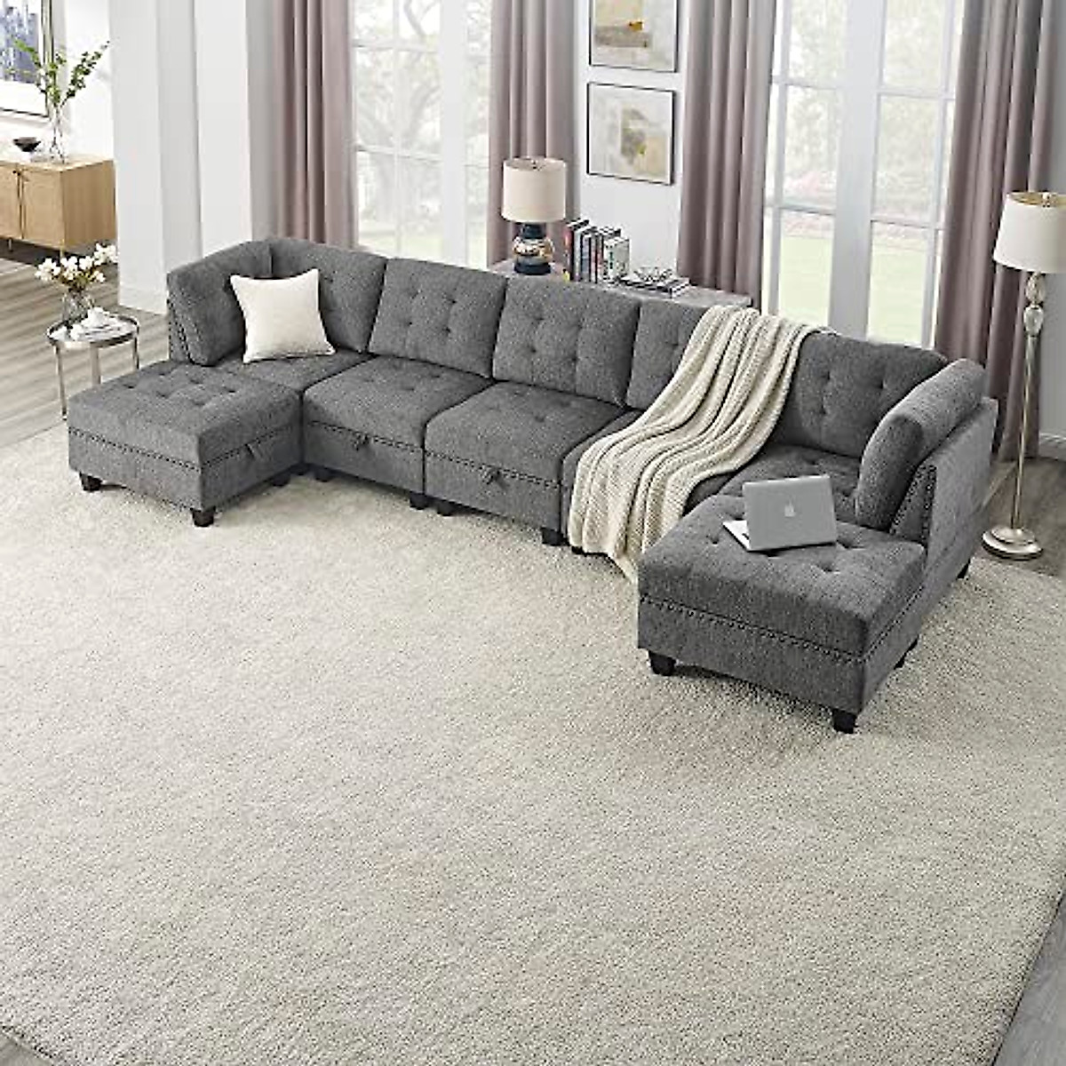Free Combination Sectional Sofa Oversized Reversible Modular Couch L Shaped Corner Sofá Upholstered Deap Seat Sleeper Couches Bed with Storage for Living Room,3 Single Chairs,2 Corners,Double Ottomans