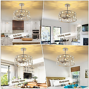 COCOSTAR Retro-white Ceiling Fans with Lights, Vintage Caged Ceiling Fan with Crystals, White Chandelier Fan with Crystals for Dining Room, 3 Downrods, 3 Speed, Timer and E12*5 Bulb Included