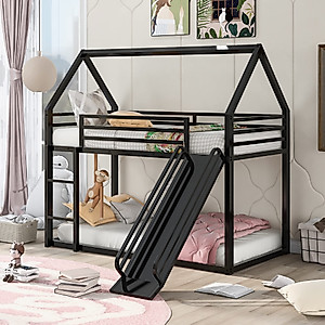 Harper & Bright Designs Twin over Twin House Bunk Bed with Slide and Ladder, Metal Low Bunk Bed Frame for Kids Girls Boys - Black
